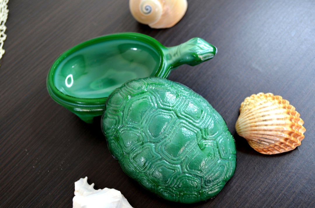 Sea Turtle Trinket Jewelry Box Malachite Glass Vintage, Jade Green Art ...