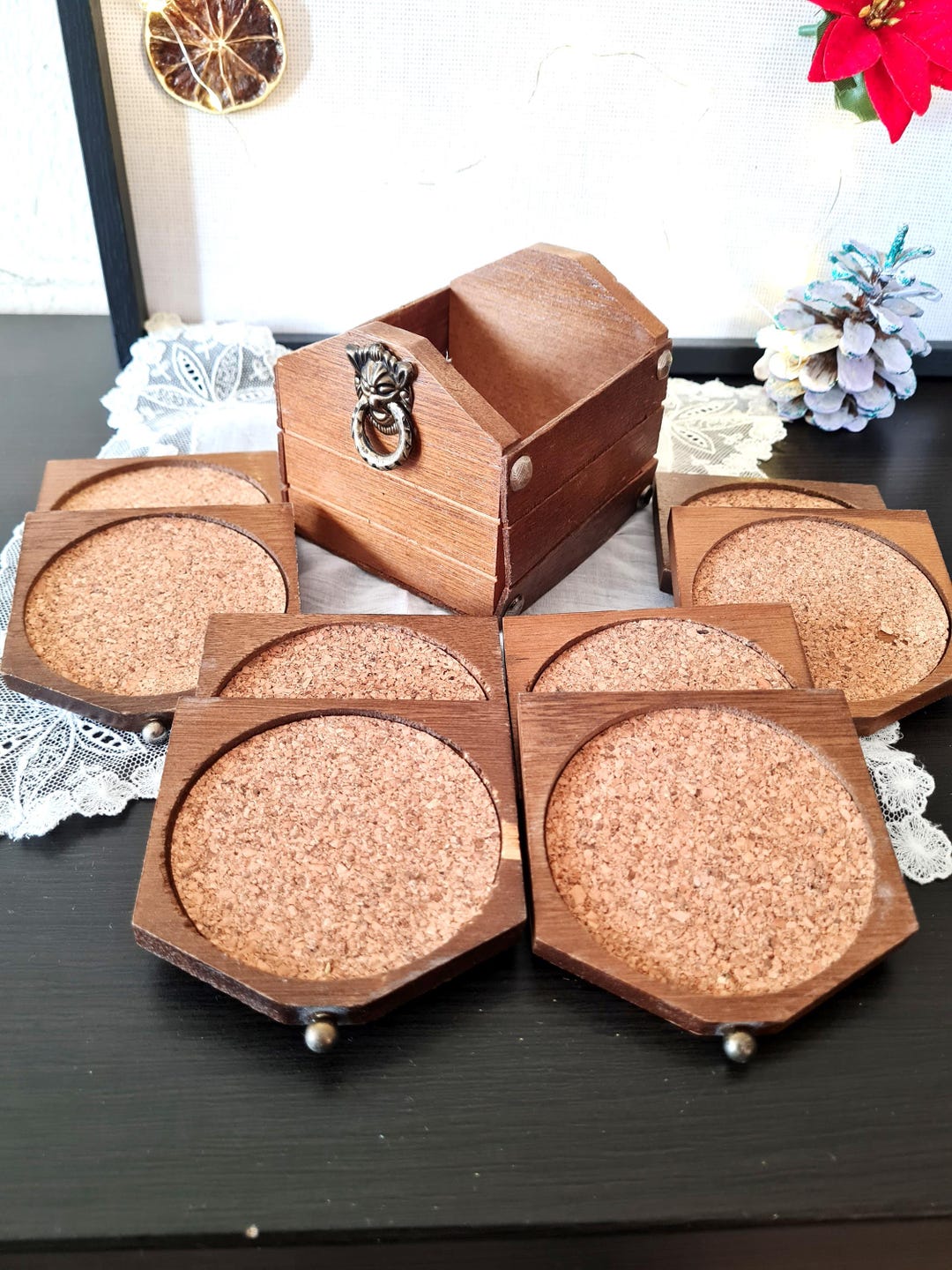 Vintage Wooden Coaster Set With Chest Shape Holder 8 Cork-insert Drink ...