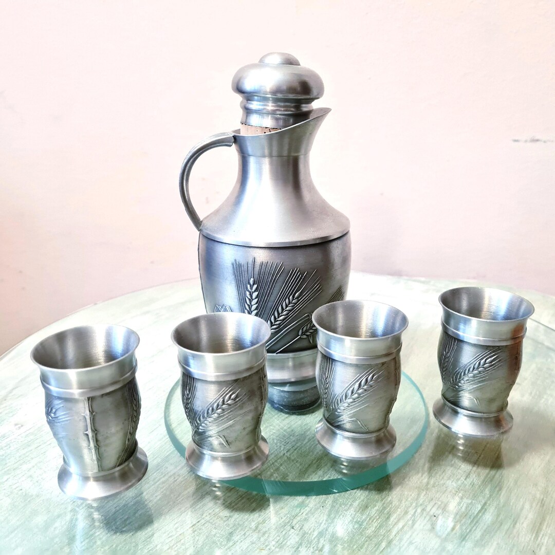 Rustic Small Pewter Decanter & 4 Cups Shot Glasses Set With Engraved ...