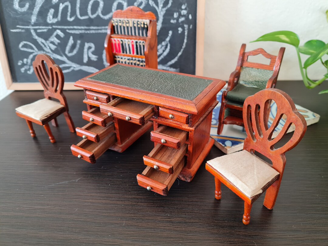 Vintage Doll House Library Furniture Set 1:12, Wooden Table 2 Chairs ...