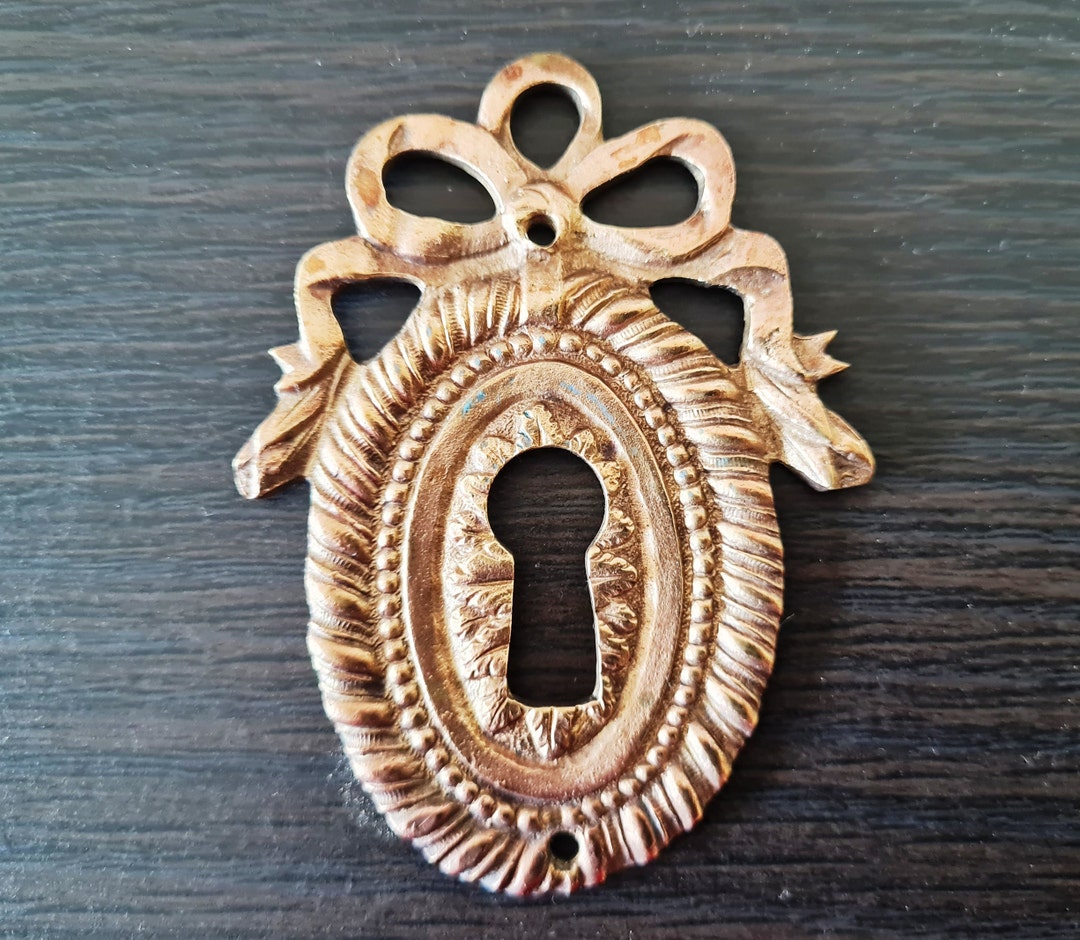 Antique Brass Keyhole With Bow Ribbon, Victorian Ornate Key Hole Cover ...
