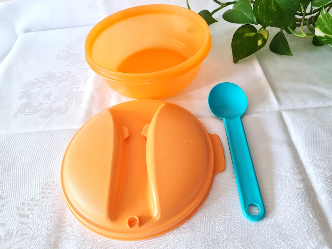Tupperware Orange Salad Bowl With Lid and Blue Spoon, Work Lunch Box ...