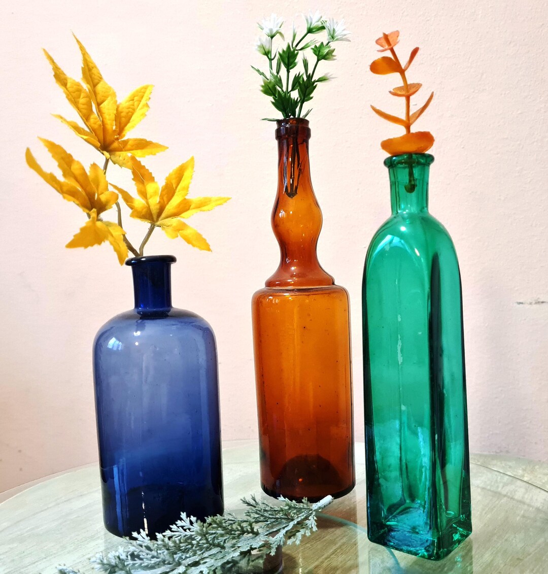 Vintage Colored Glass Bottle Trio Cobalt Blue, Amber, Emerald Green ...