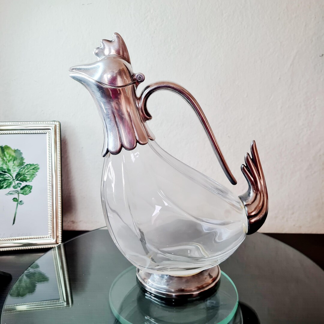 Vintage Rooster Wine Decanter, Silver Plated Crystal Carafe With Handle ...
