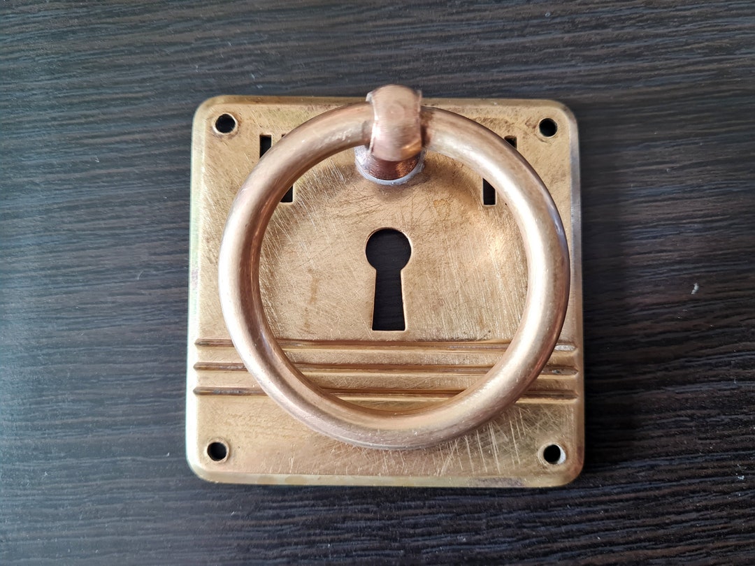 Antique Lock Cover With Round Drop Ring Pull Handle, Brass Key Hole Rustic Cabinet Dresser ...