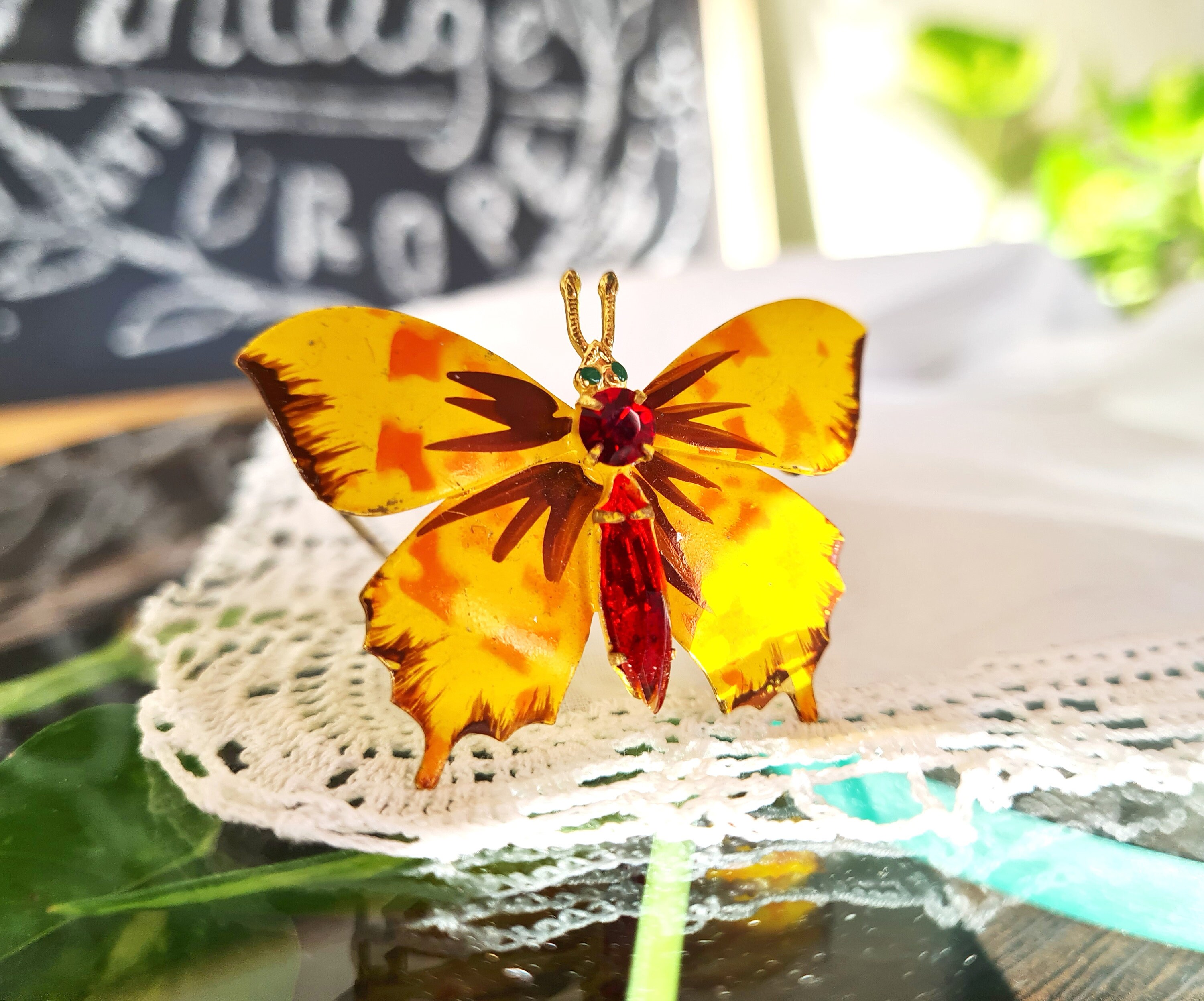 Yellow Enameled Butterfly Brooch Pin, 70s Insect Pin, Orange Enamel and ...