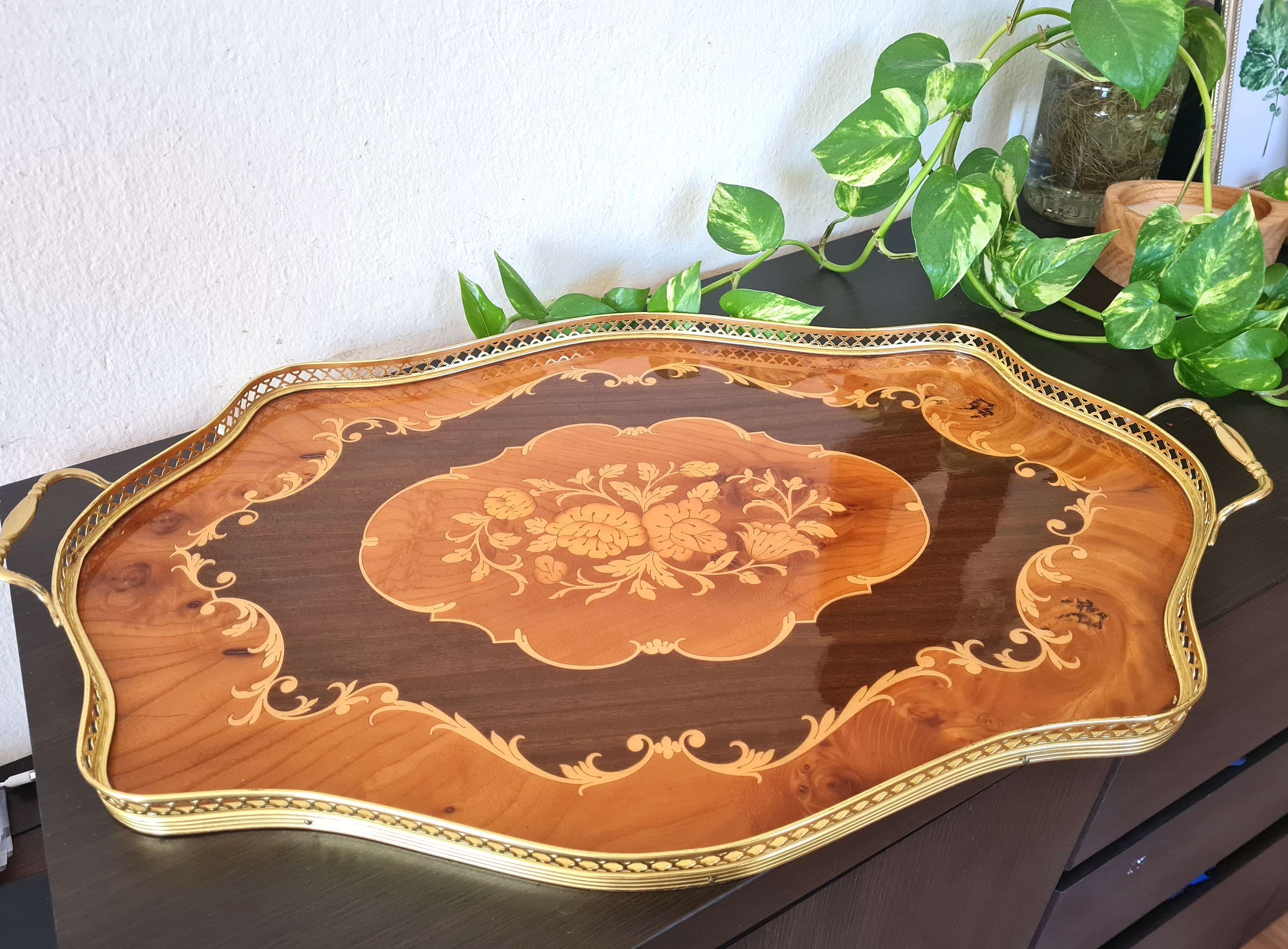 Large Italian Inlaid Wood Marquetry Serving Tray 23 With Floral Design ...