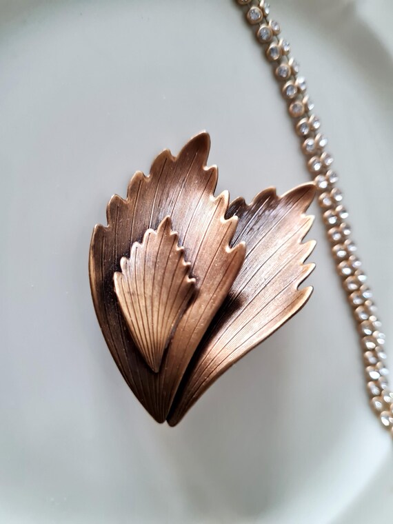 1950s Copper Layered Leaf Shaped Brooch, Vintage Fall… - Gem