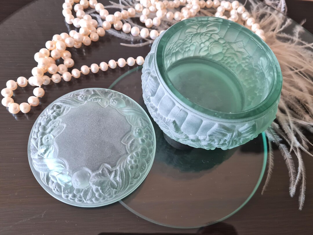 Vintage Frosted Mint Green Glass Trinket Box With Floral Relief, Art ...