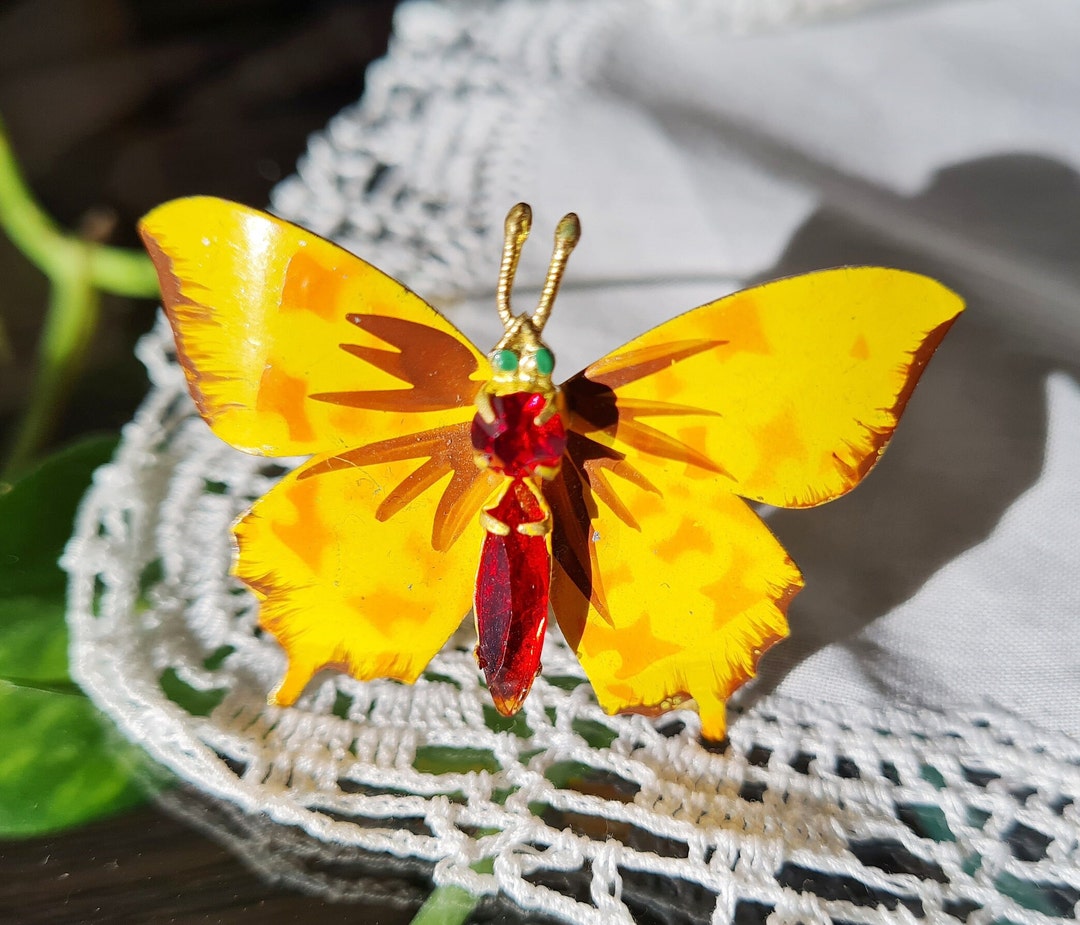 Yellow Enameled Butterfly Brooch Pin, 70s Insect Pin, Orange Enamel and ...