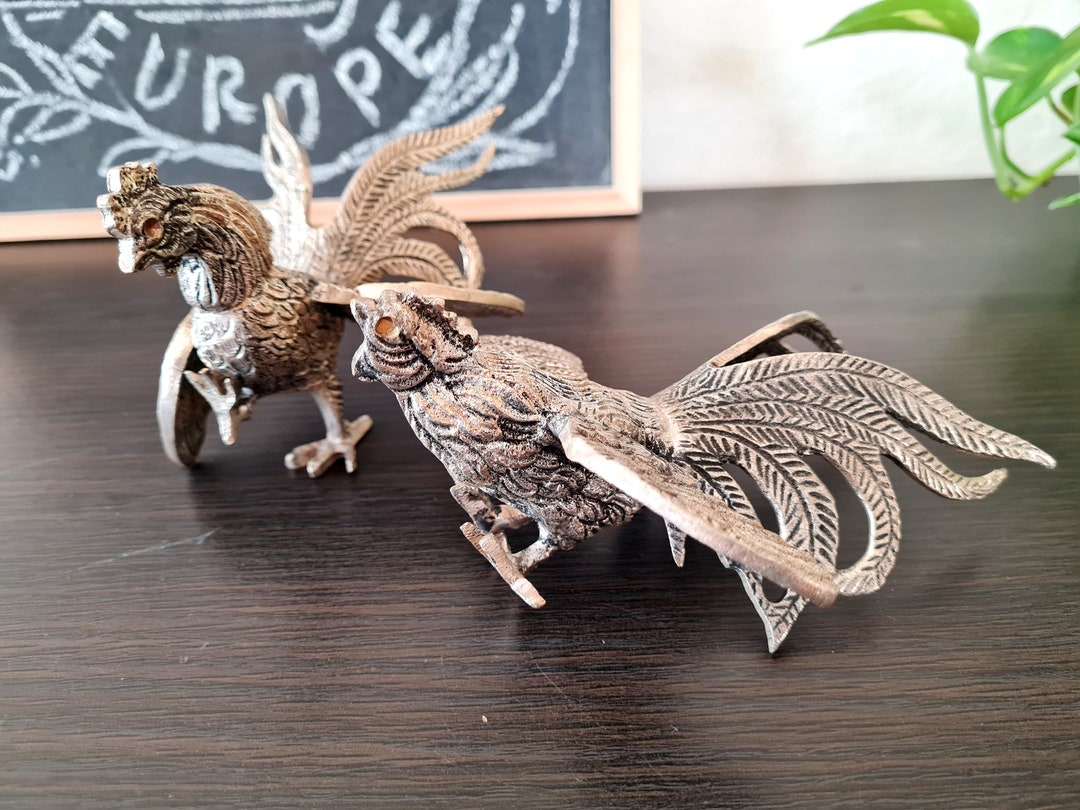 Vintage Pair of Solid Brass Fighting Roosters Silver Metal Statuettes ...