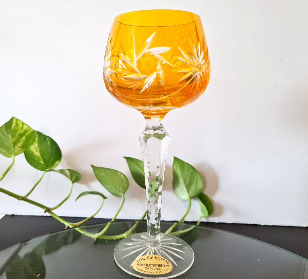 Vintage Yellow Cut Crystal Bohemian Wine Glass Goblet Stem Colored Lead ...