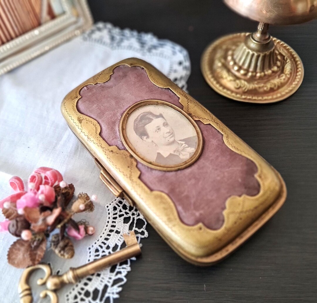 Antique Victorian Brass & Velvet Wallet With Portrait, 19th Century ...