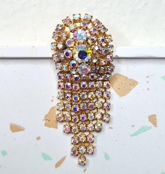 AB Waterfall Dangle Rhinestone Brooch, Iridescent Ele… - Gem