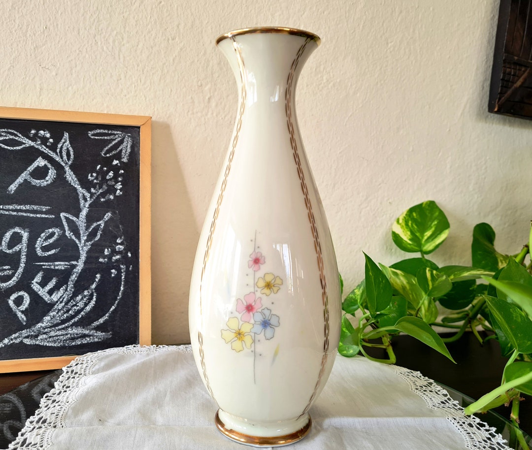 White Tall Slim Vase Vintage 50s Winterling Bavarian Porcelain, Gold ...