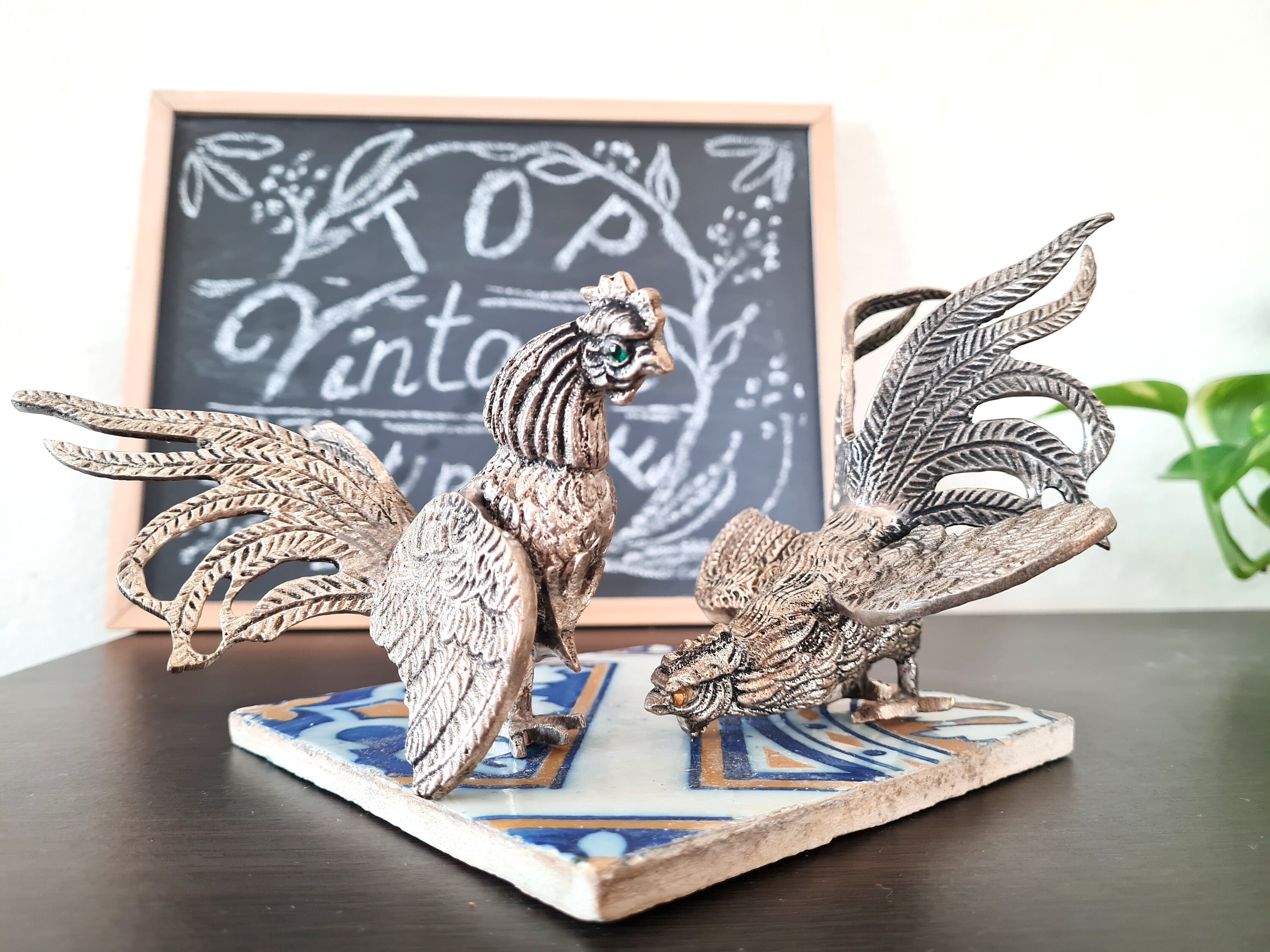 Vintage Pair of Solid Brass Fighting Roosters Silver Metal Statuettes ...