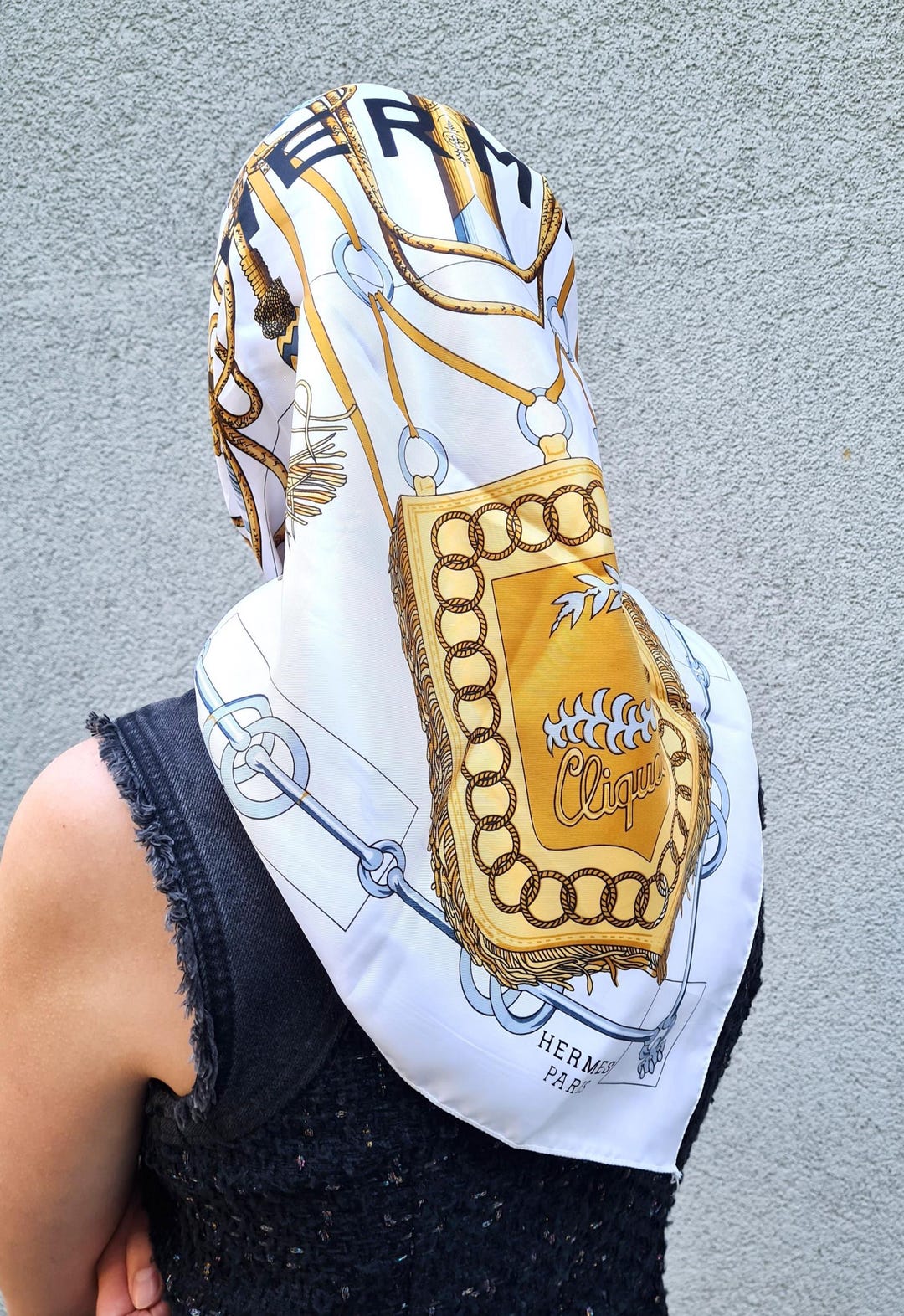 Vintage Equestrian White Satin Scarf 80s Chain Belt Horsebit Print ...