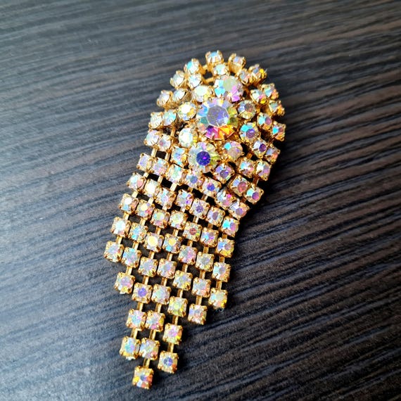 AB Waterfall Dangle Rhinestone Brooch, Iridescent Ele… - Gem