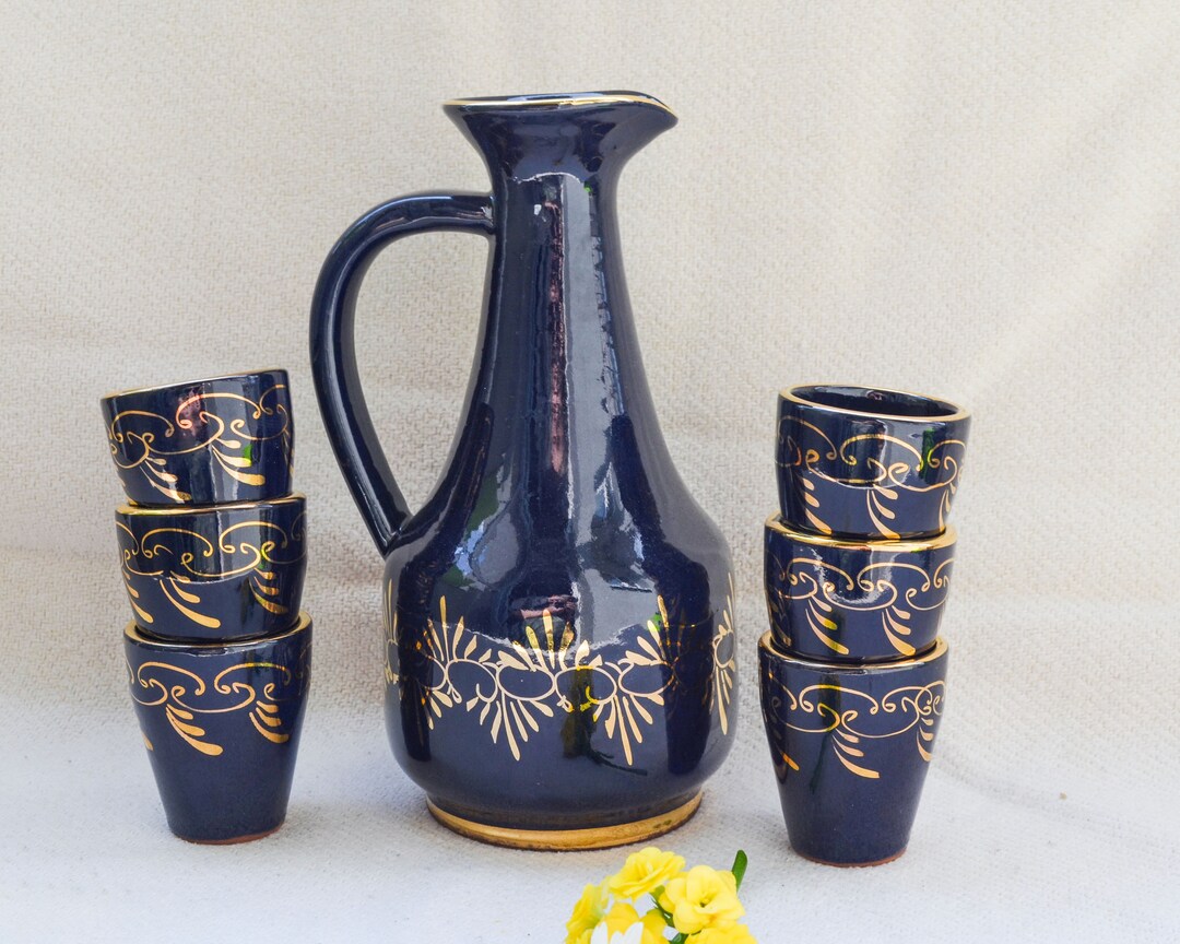 Сeramic Liquor Decanter Set Cobalt Blue Gold, Pitcher & Shot Glasses ...