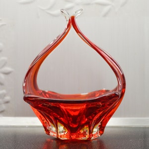 Decorative Red Art Glass Basket Vase Centerpiece, Vintage Red Glass ...