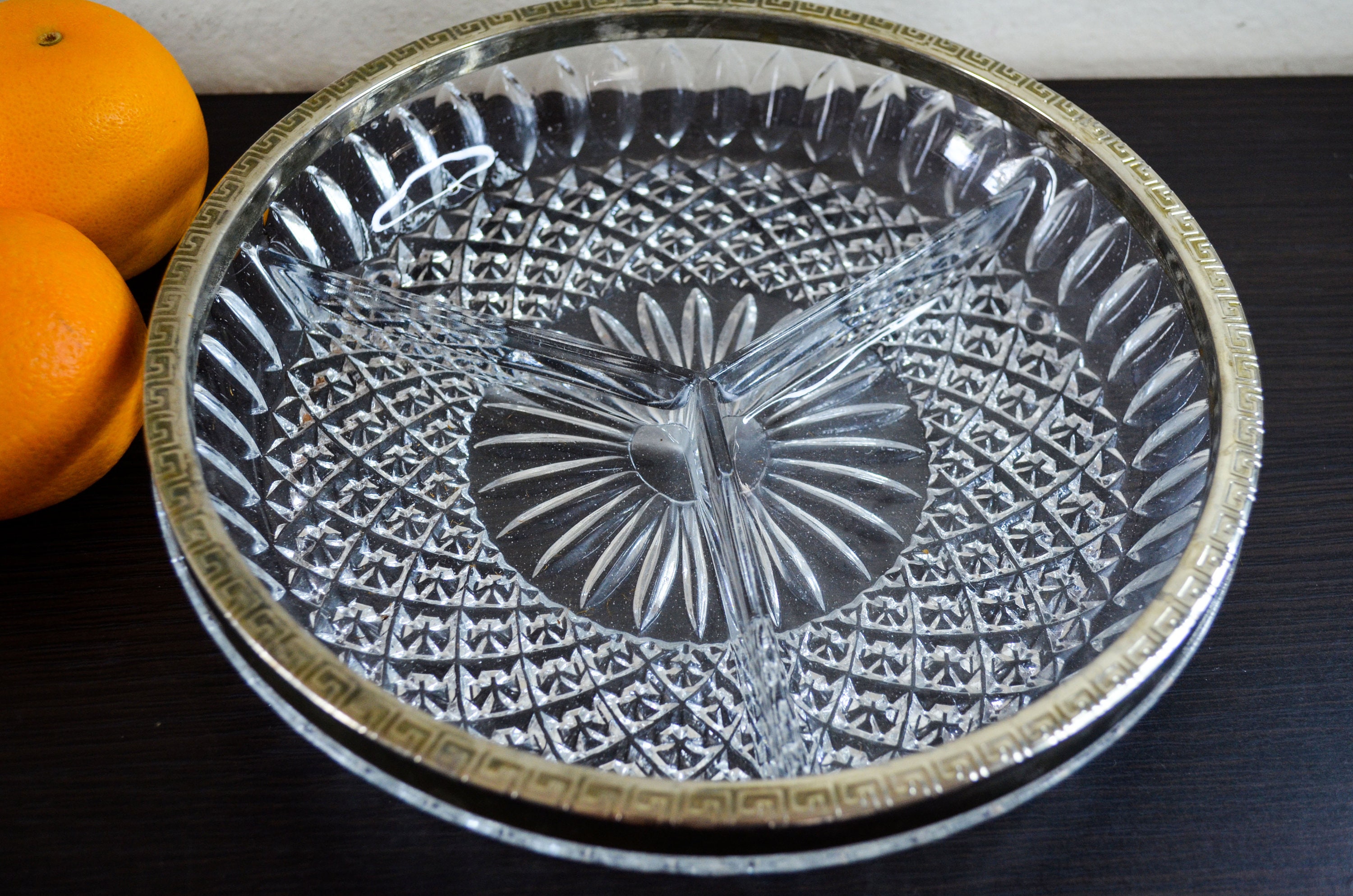 Silver Rimmed Crystal Divided Serving Bowl Dish Plate, Vintage England ...