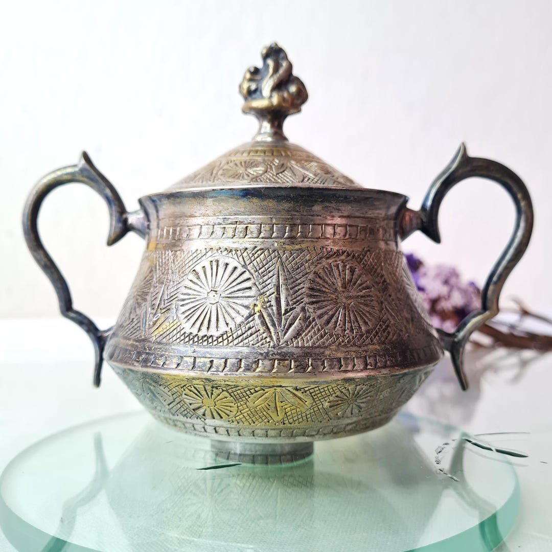 Vintage Metal Sugar Bowl With Two Handles and Lid, Brass Silver Plate ...