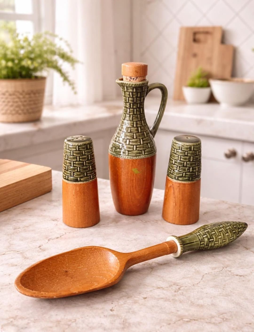 CRUET SALAD 4 Pcs Set Wood & Ceramic Mid Century Modern Scandinavian ...