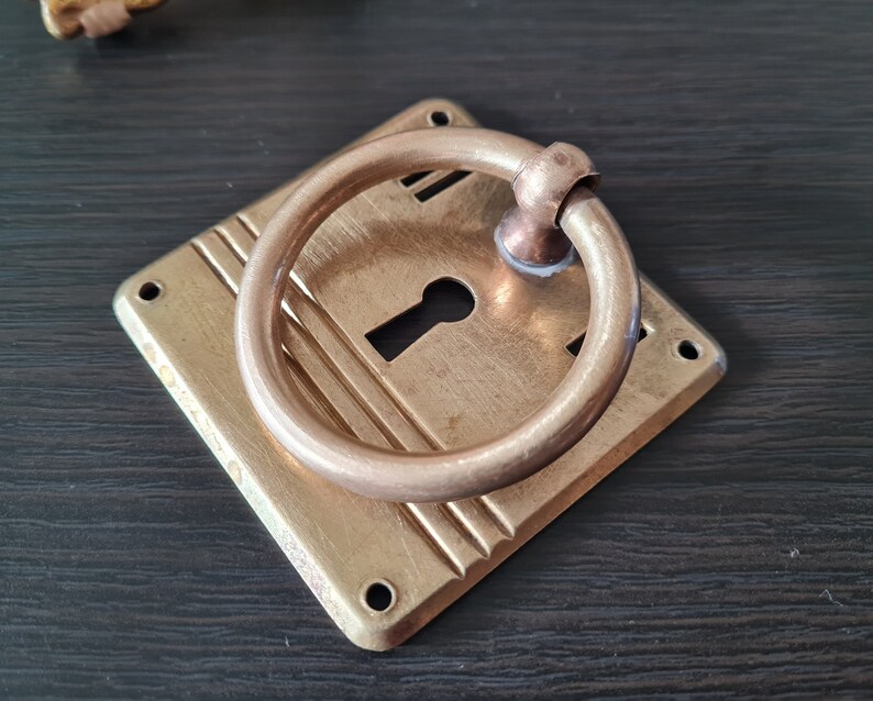 Large Brass Drop Ring Dresser Pull With Key Hole, Cabinet Keyhole Cover ...