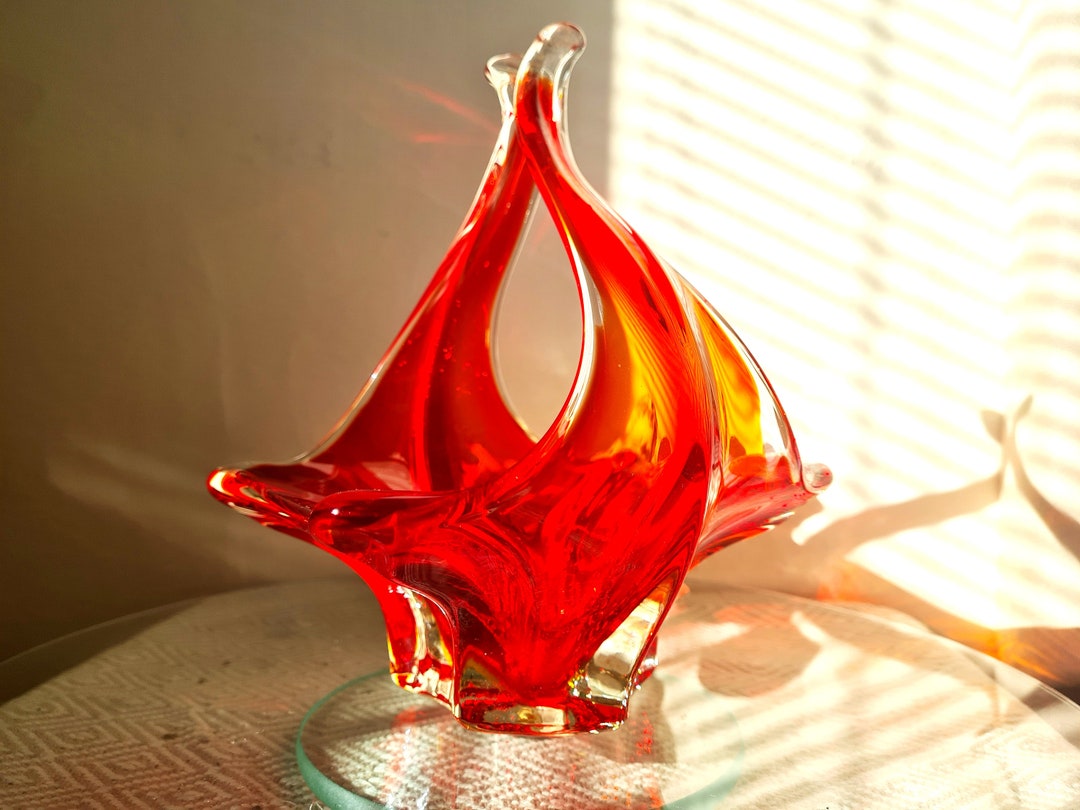 Red Glass Basket, Vintage 70s Murano MCM Art Glass, Blown Glass Candy ...