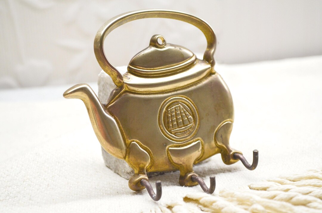 Brass Teapot Wall Hook, Vintage Kitchen Dish Towel Hook Rack Tea Pot ...