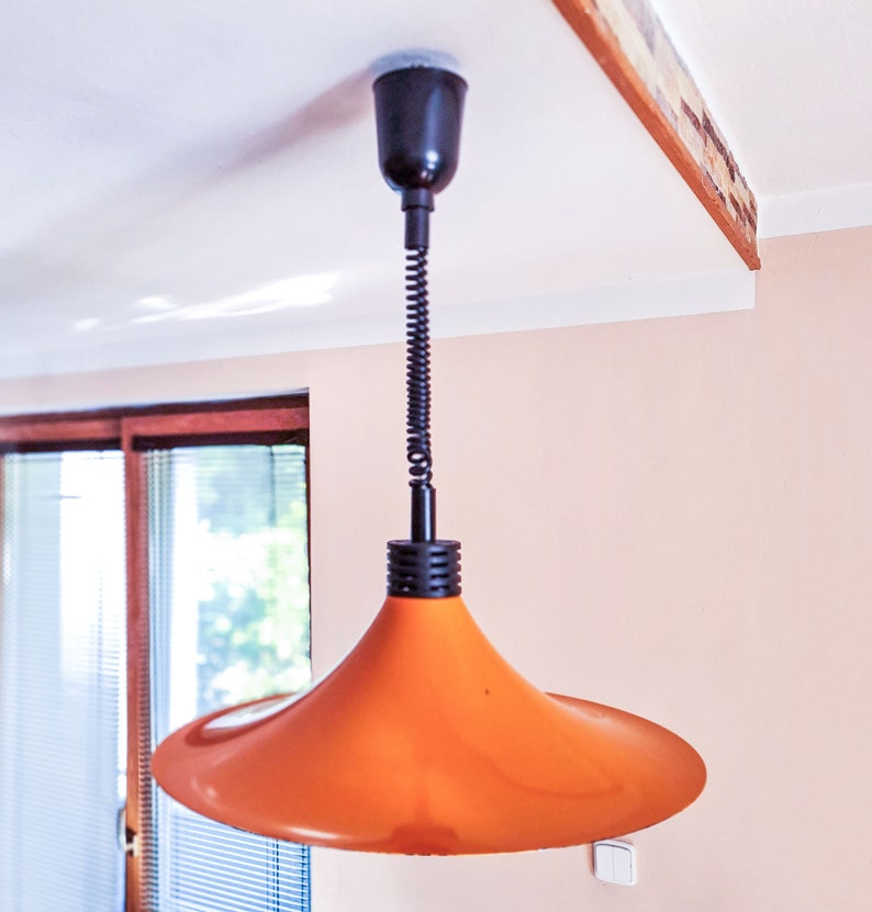 Modern 70s Orange Pull Down Pendant Light, Dining Room Space Age Atomic ...