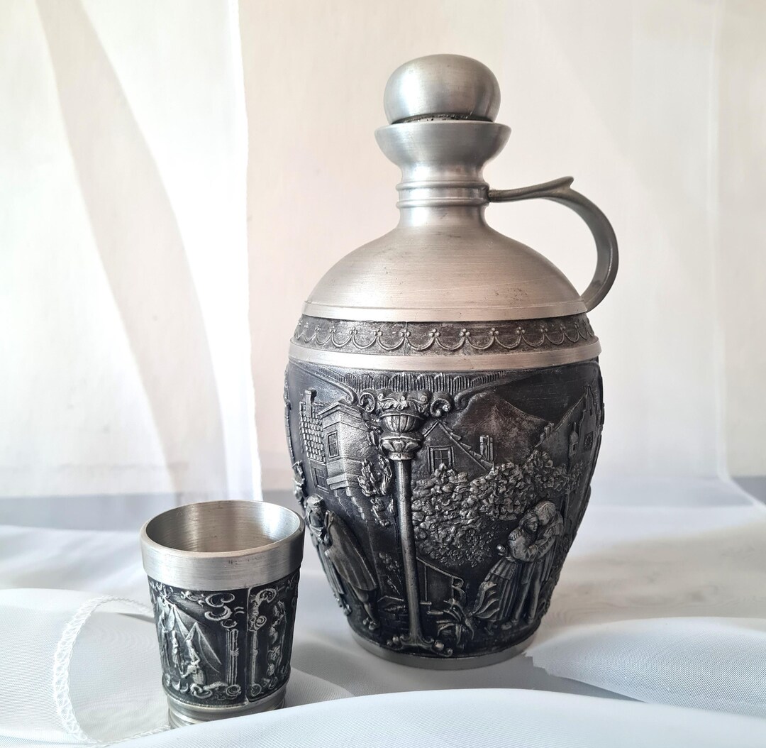 PEWTER Bottle With Shot Glass, Germany ZINN Decanter Wine Jug, Liquor ...