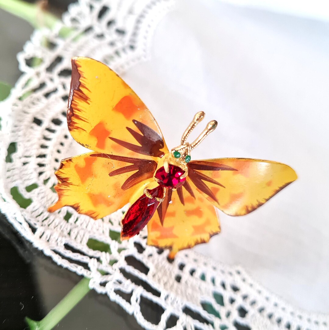 Yellow Butterfly Brooch Pin, 70s Insect Pin, Orange Enamel and Red ...