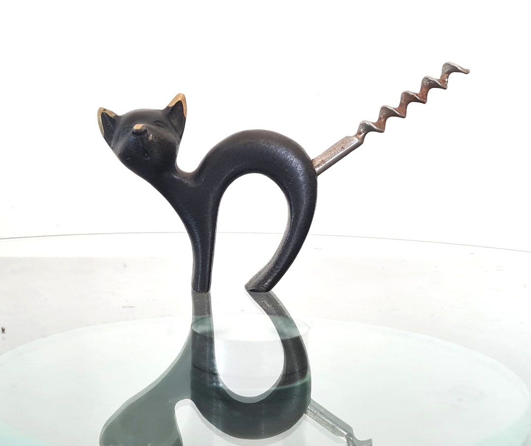 Vintage Brass Cat Corkscrew, Modernist 50s Vienna Bronze, Black Cat ...