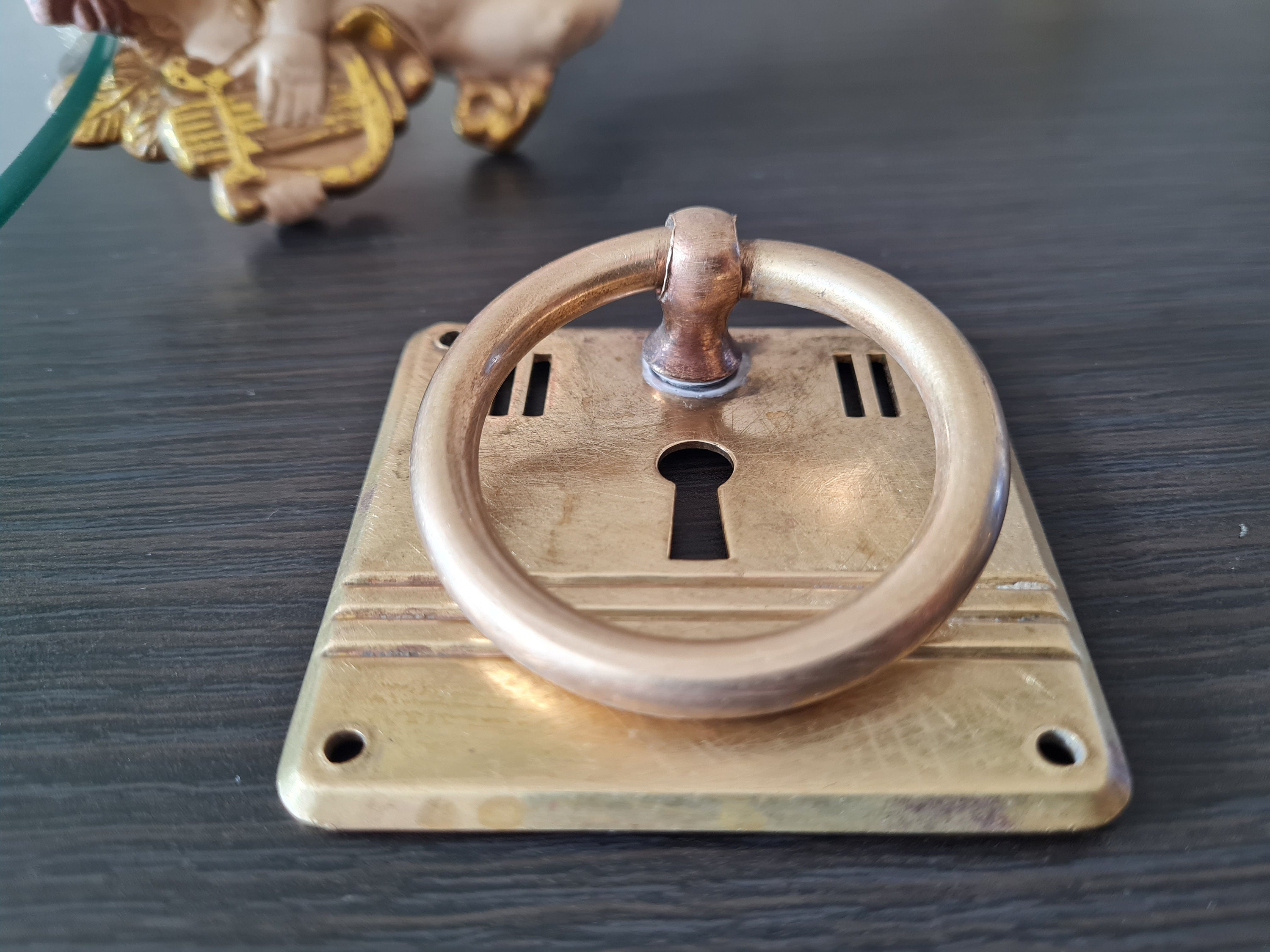 Large Brass Drop Ring Dresser Pull With Key Hole, Cabinet Keyhole Cover ...