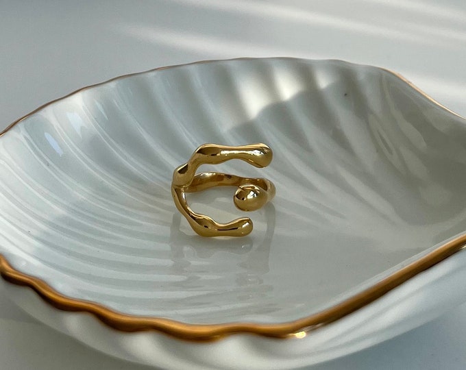 18K Gold Dainty Bamboo Ring, Minimalist Open Band Ring, Stacking Ring, Adjustable Ring, Boho ...