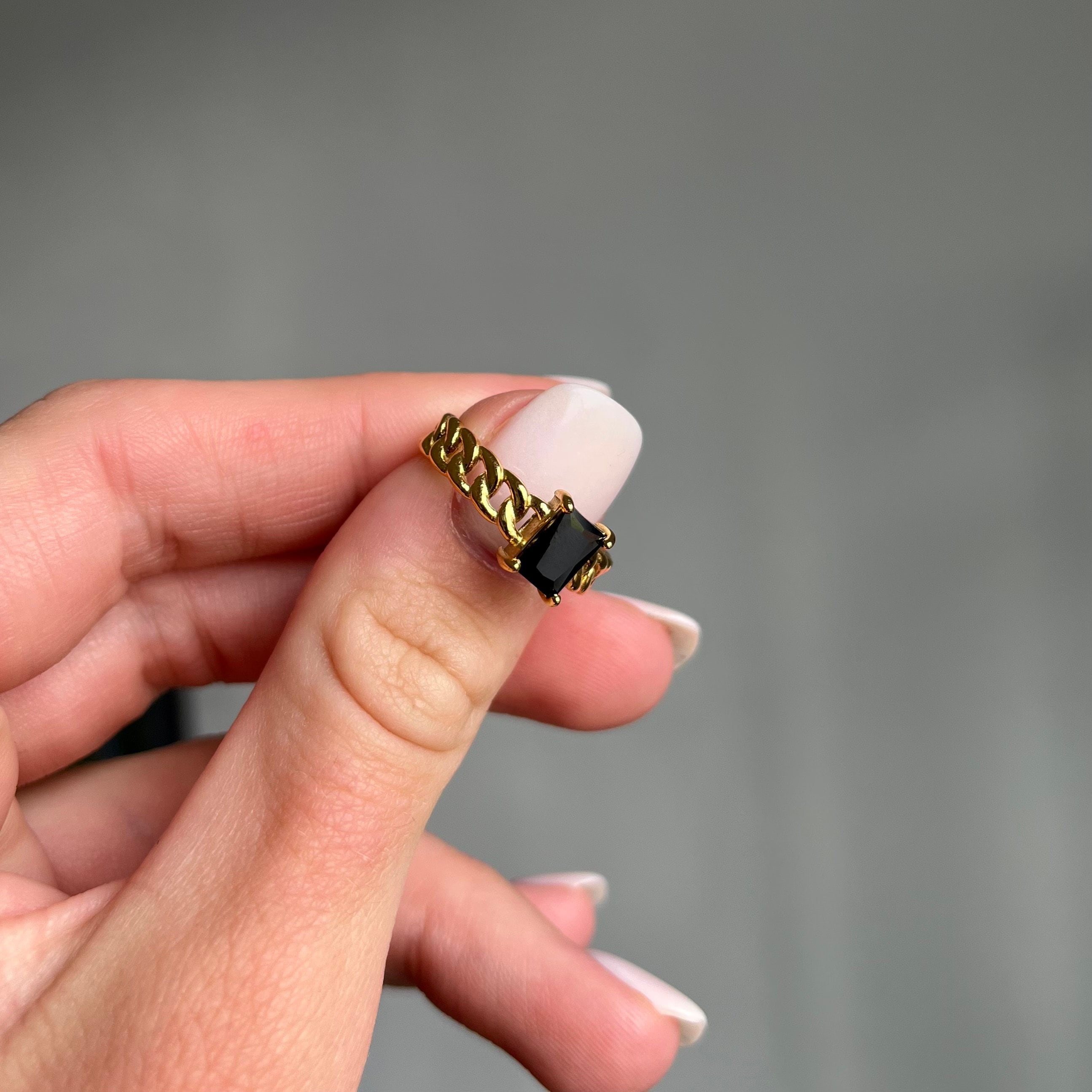 18K Gold Black Onyx Ring Thick Link Chain Ring Black - Etsy