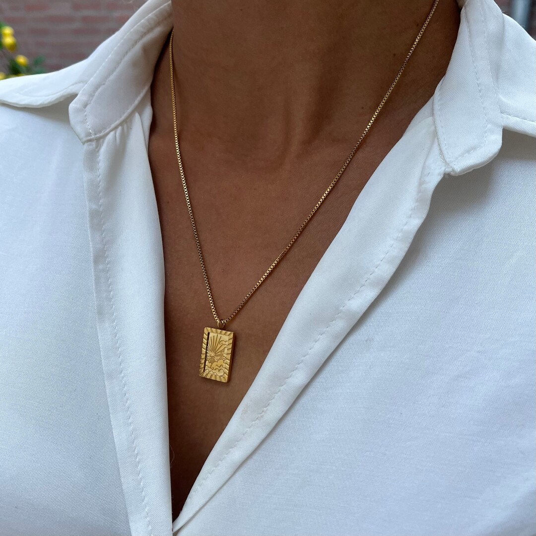 18K Gold Sunburst Charm Rectangle Pendant Necklace, Celestial Disc Tag Pendant, Minimalist ...