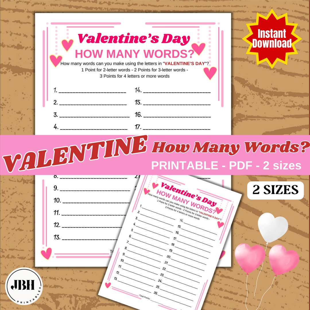 Valentine's Day Word Game: How Many Words Challenge (digital Download ...