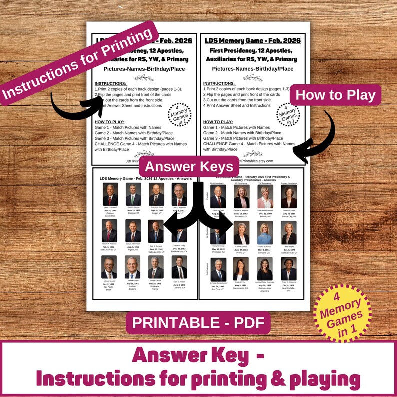 LDS Church Leaders Memory Game - Church Presidencies & 12 Apostles *feb ...