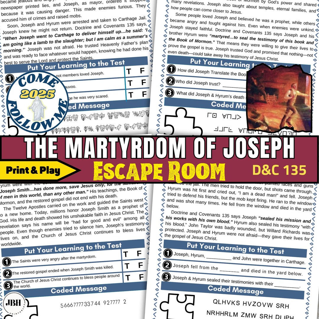 Martyrdom of Joseph Escape Room, LDS Printable Youth Activity/family ...