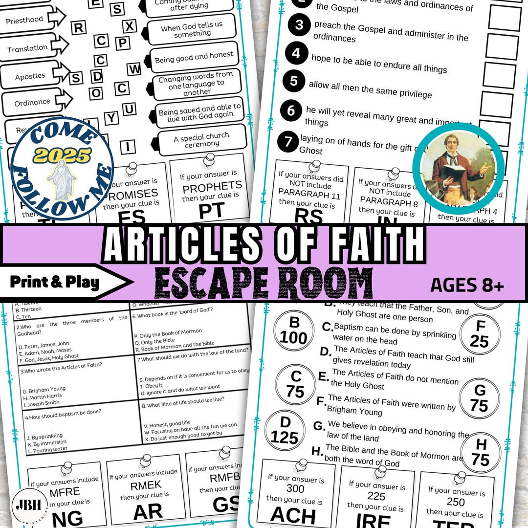 Articles of Faith Printable Escape Room Game, LDS Print & Play Activity ...