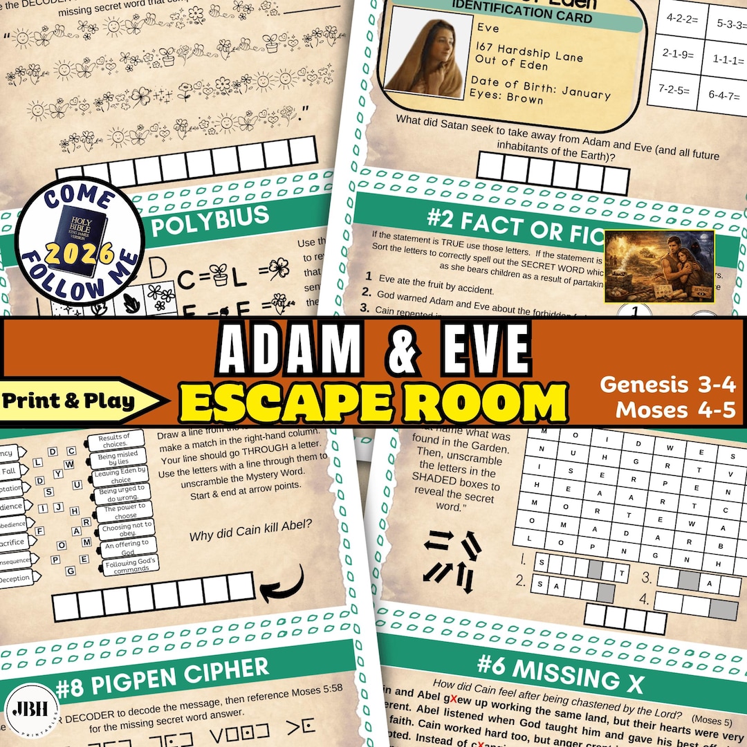 Adam and Eve Escape Room Printable, LDS Come Follow Me 2026, Genesis 3 ...