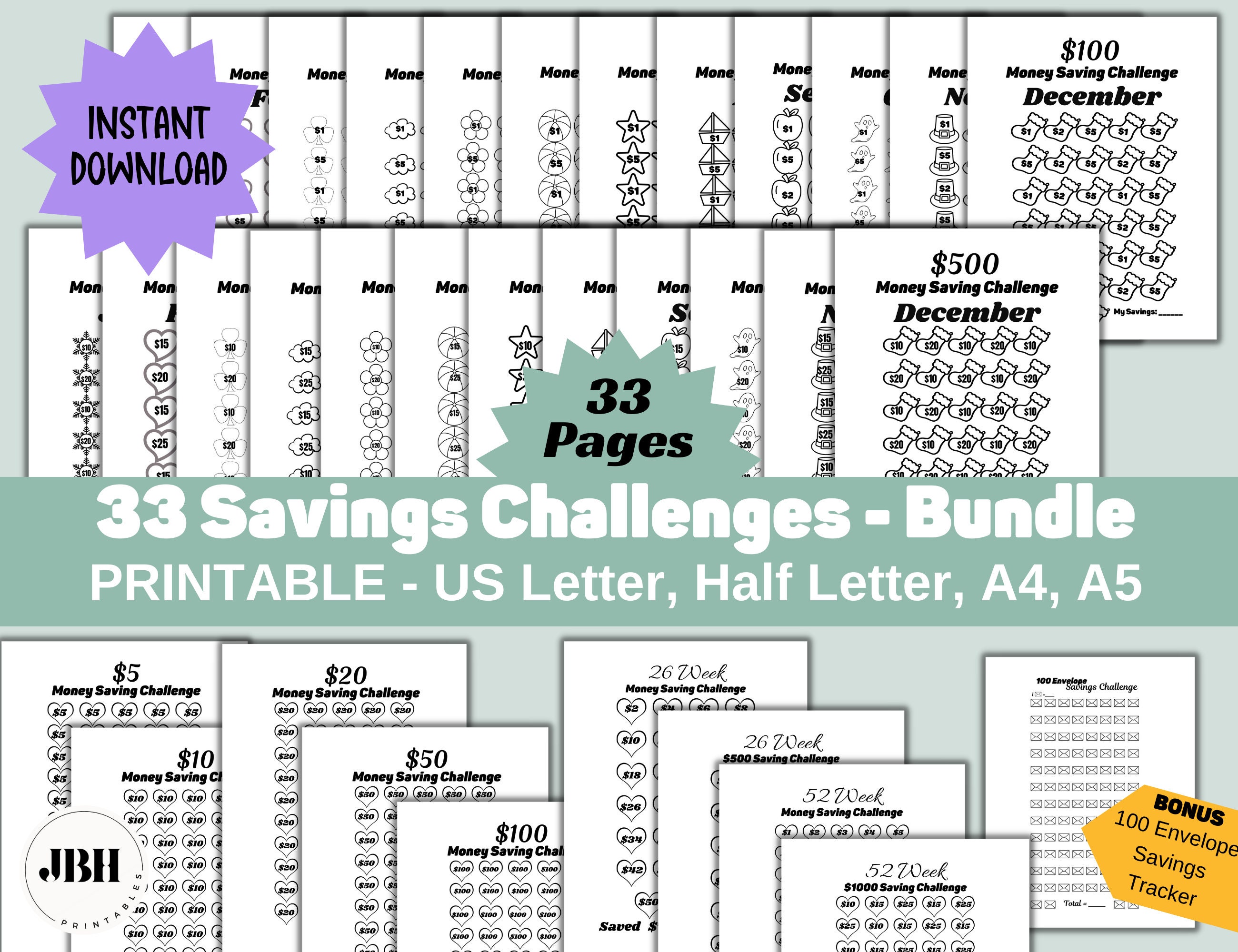 Monthly Savings Challenge Tracker 100 Envelope Savings Printable ...