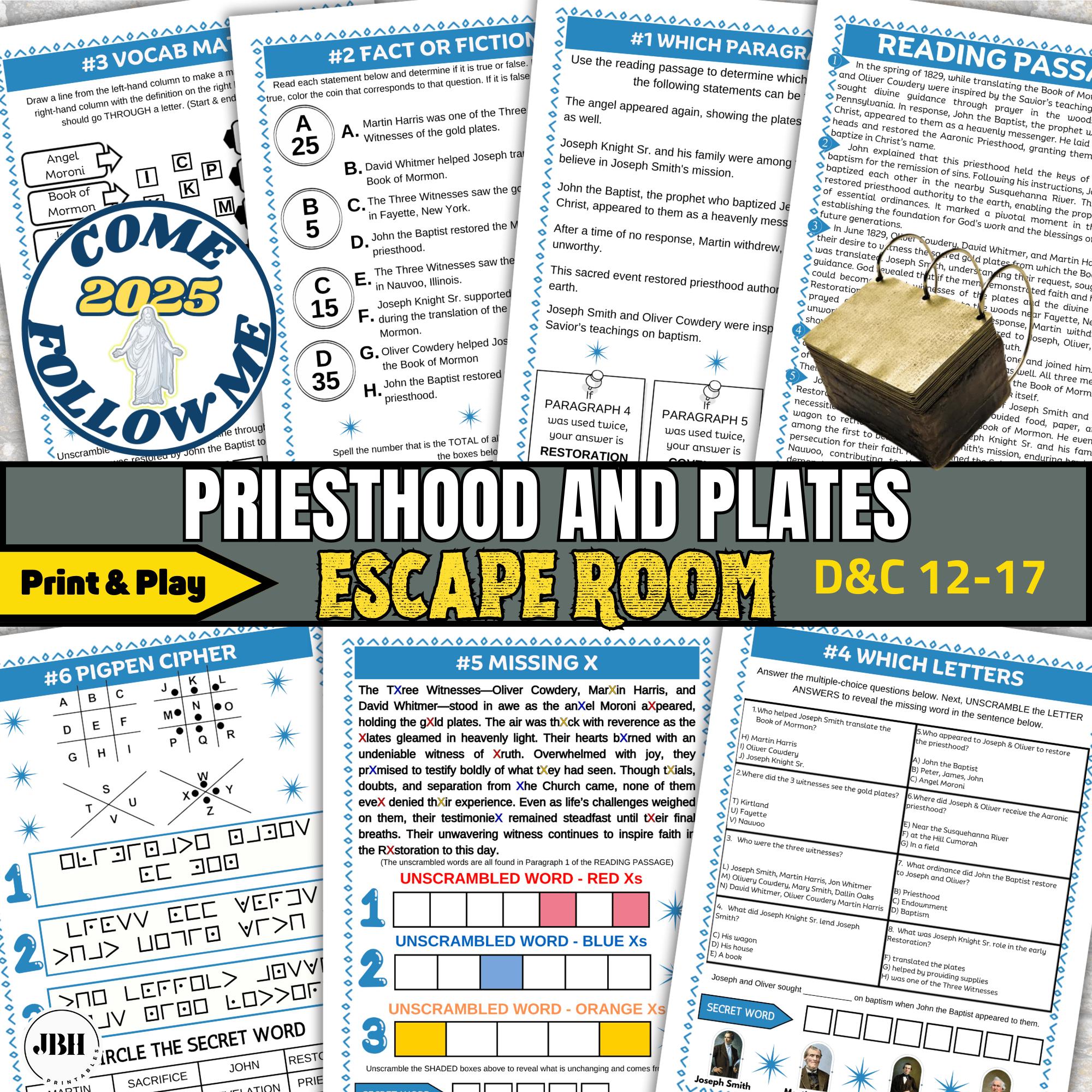 Priesthood & Plates Escape Room: Come Follow Me Activity (printable) - Etsy