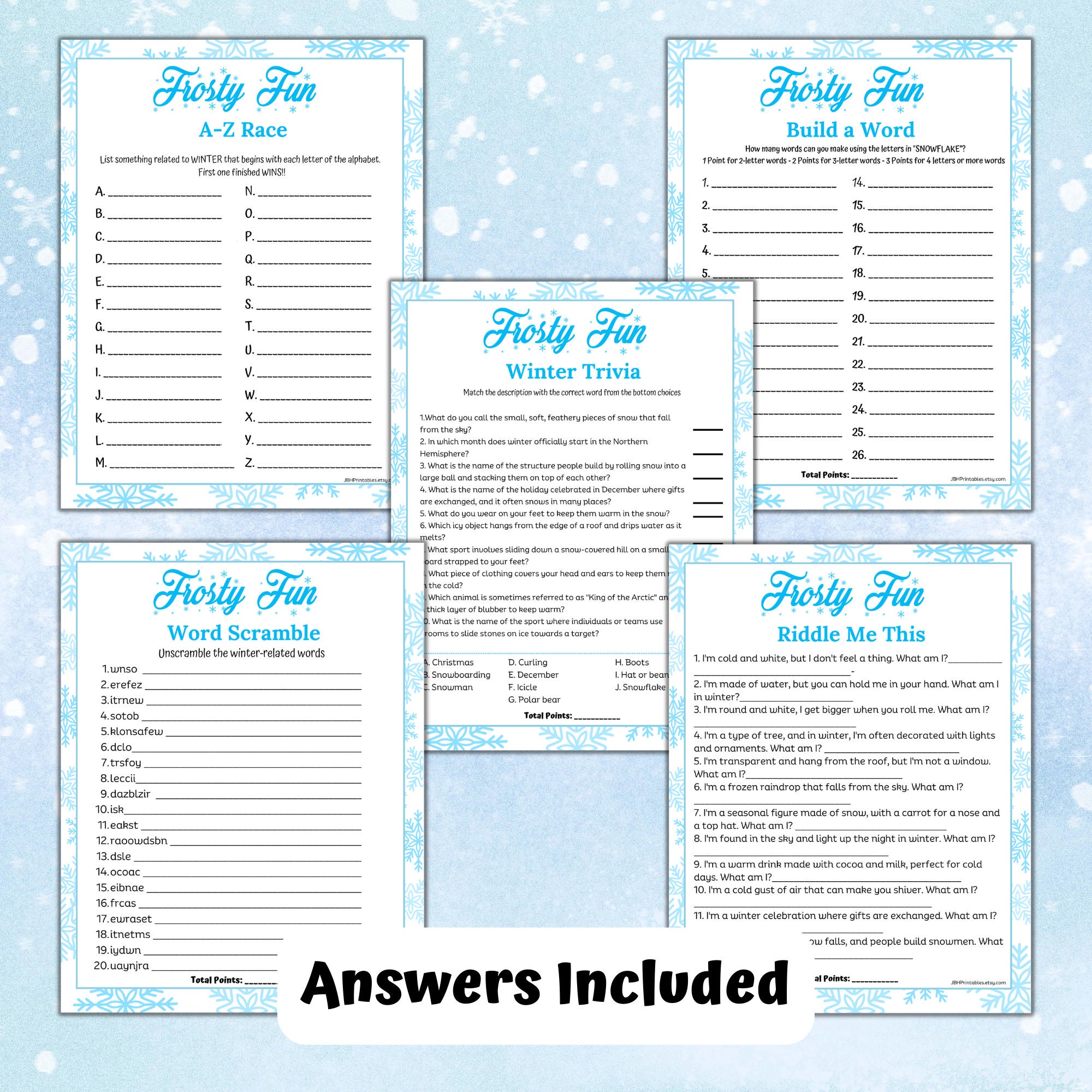 Printable Winter Games Bundle: Family Fun Activities, Printable Winter ...