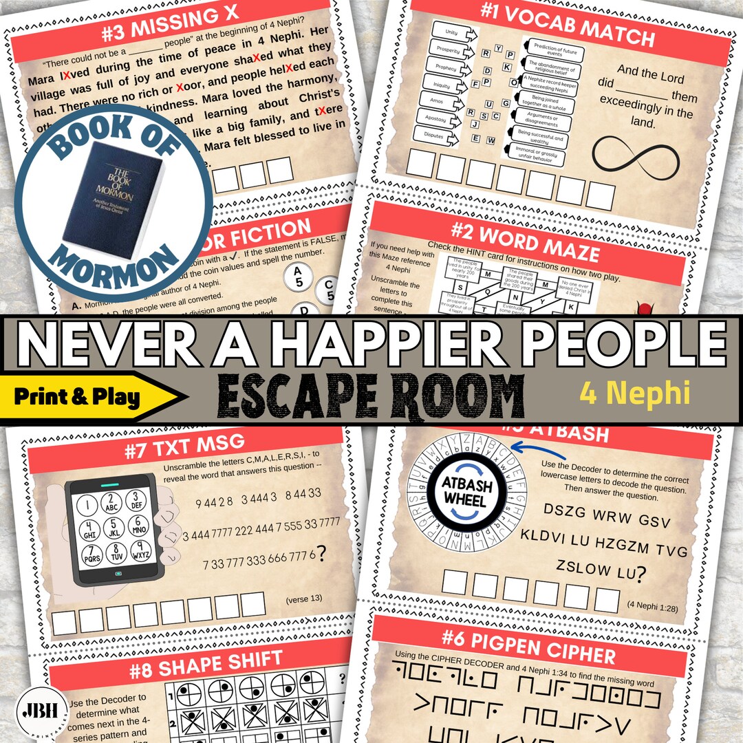Never a Happier People: Printable Escape Room Adventure, 4 Nephi, Decipher Codes & Reveal Secret ...