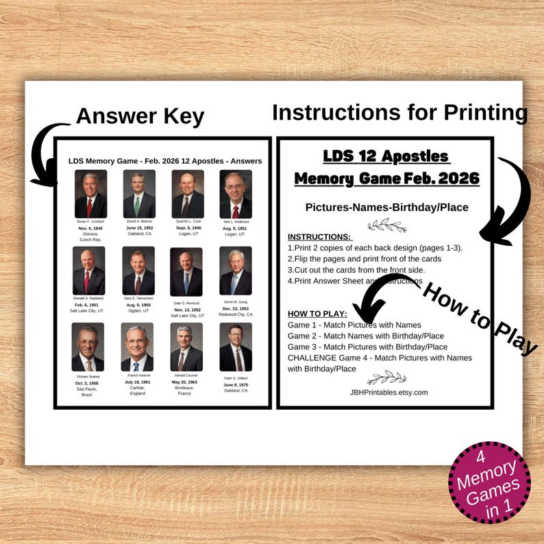 LDS Apostle Memory Game, 4 Games in 1, 12 Apostles Matching Pictures ...