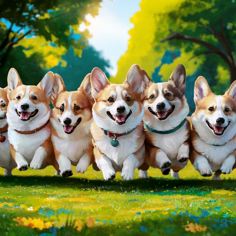 Playful Corgis in a Flower Meadow - Etsy