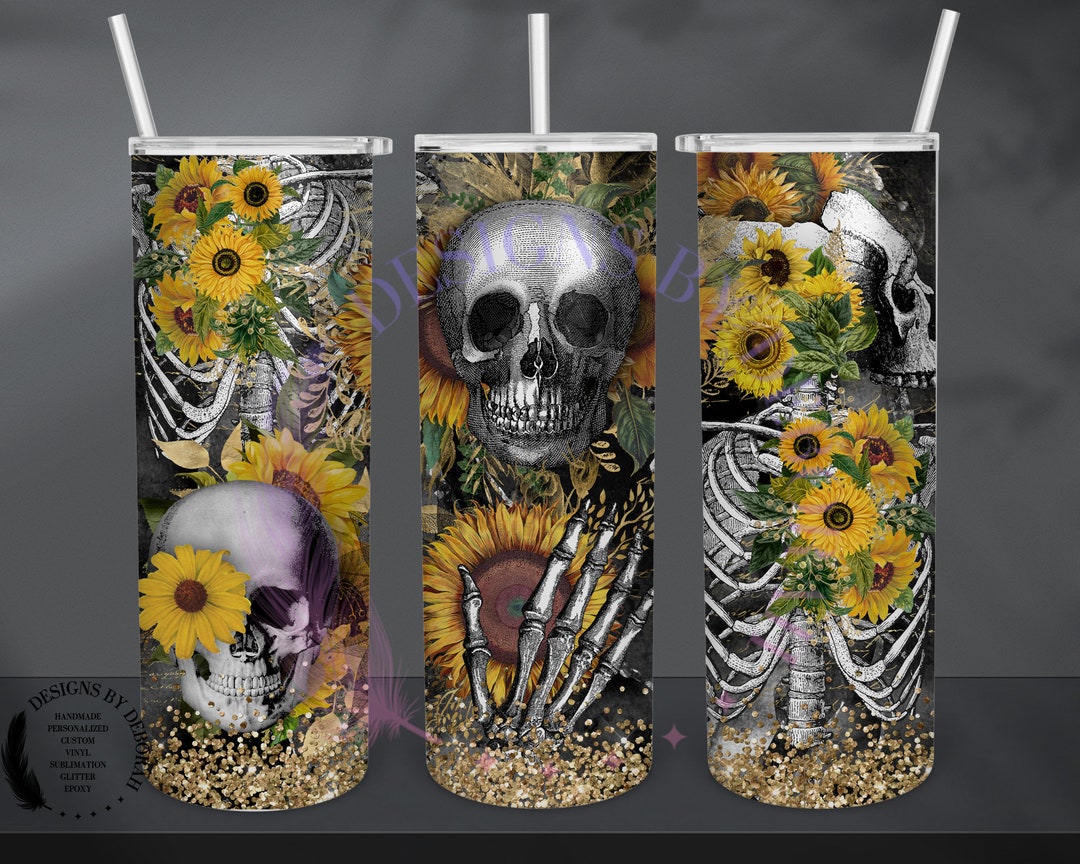 Yellow - Skull - Skeleton - Sunflowers 20 Oz Skinny Sublimation Goth, Gothic, Halloween, Vintage ...